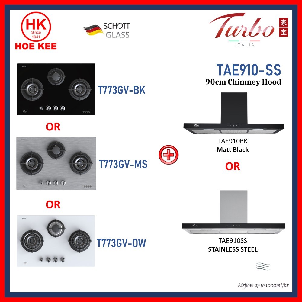 (BUNDLE) TURBO T773GV-BK/MS/OW GLASS HOB + TURBO INCANTO TAE910SS/BK 90CM CHIMNEY HOOD | Shopee ...