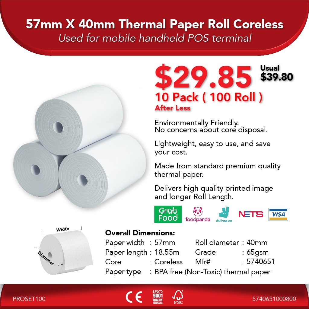 57mm X 40mm 65gsm Thermal Paper Roll Coreless | 10 Pack ( 100 Roll ...