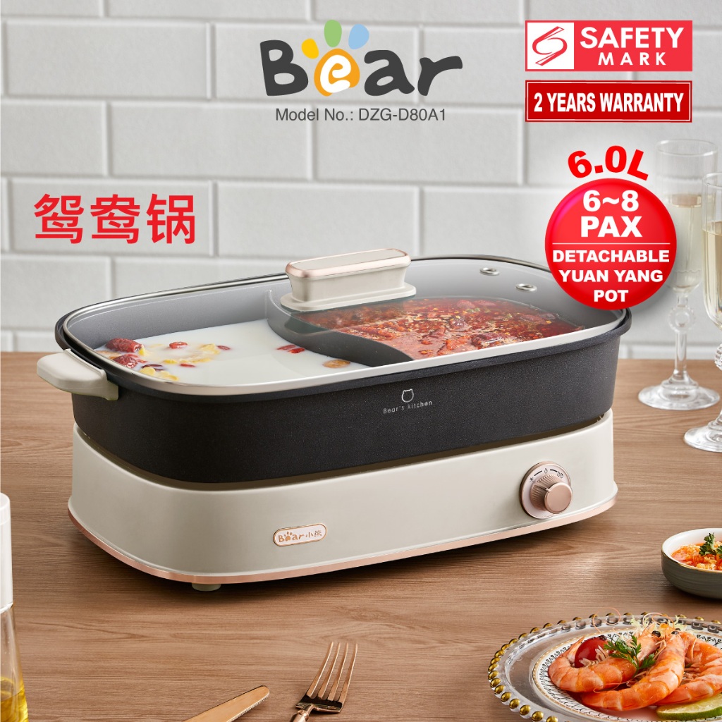 Bear Steamboat & BBQ Grill, Multi Cooker with 6L YuanYang Non-stick Pot ...