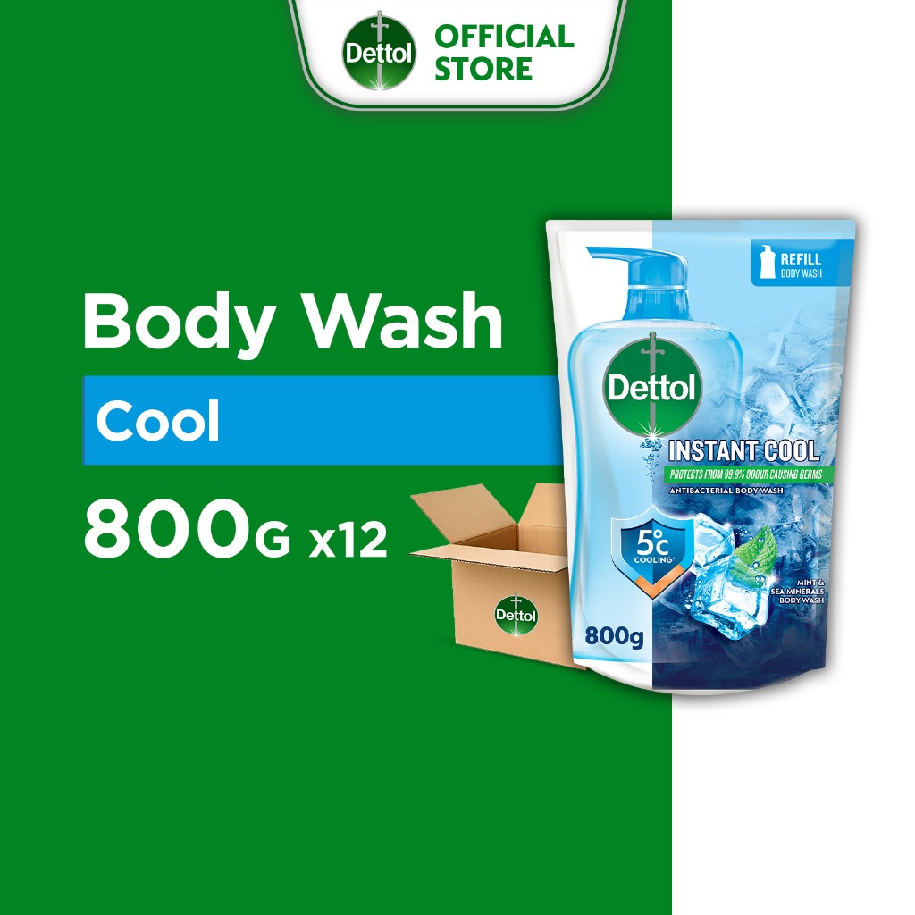 Dettol Shower Gel Body Wash Instant Cool 800ML Refills - Bundle of 12 ...
