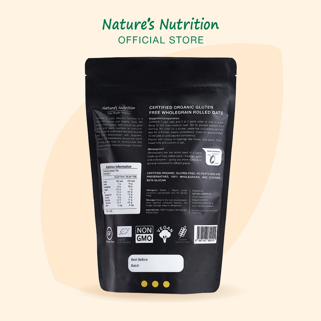 Nature's Nutrition Organic Rolled Oats 500gx2 - 100% wholegrains/gluten-free (expiry 2027 ...
