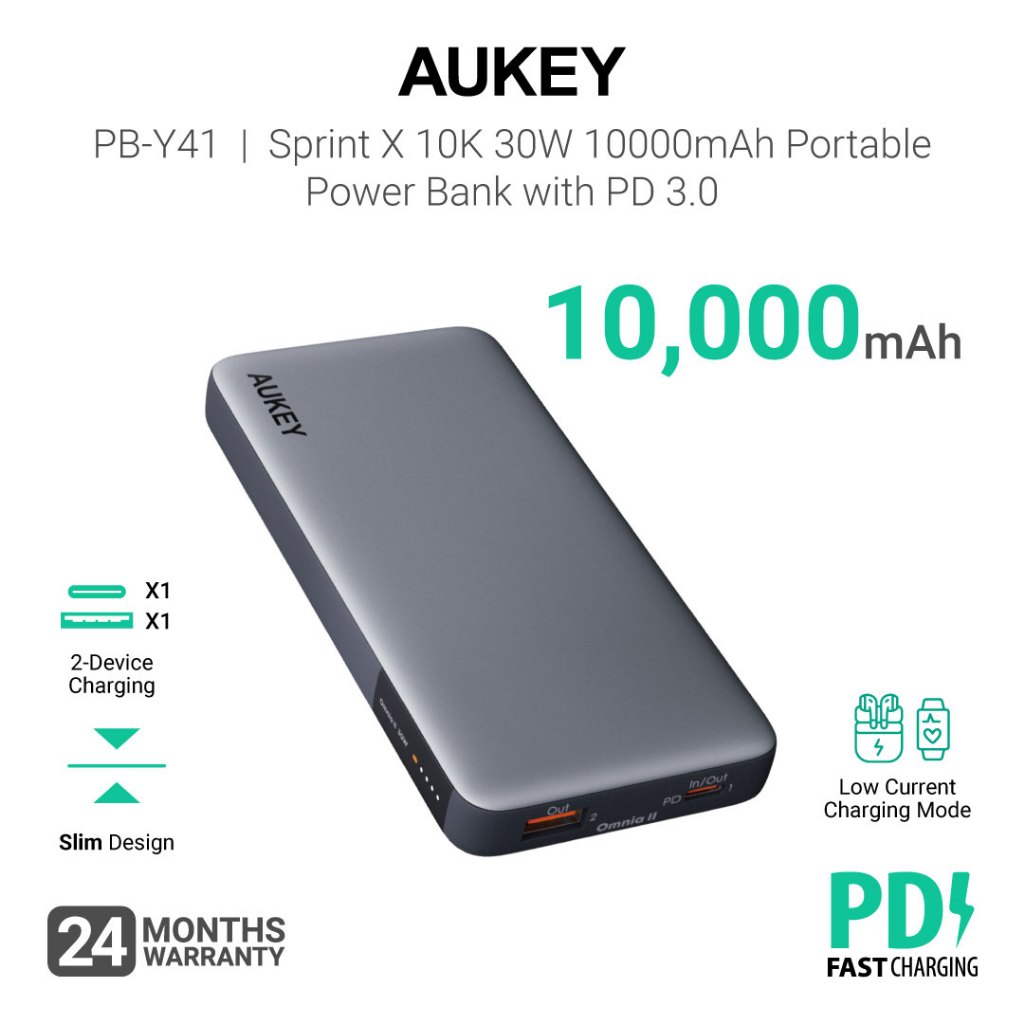 Aukey PB-Y41 Sprint X 10K 30W 10000mAh Portable Power Bank with PD 3.0 ...