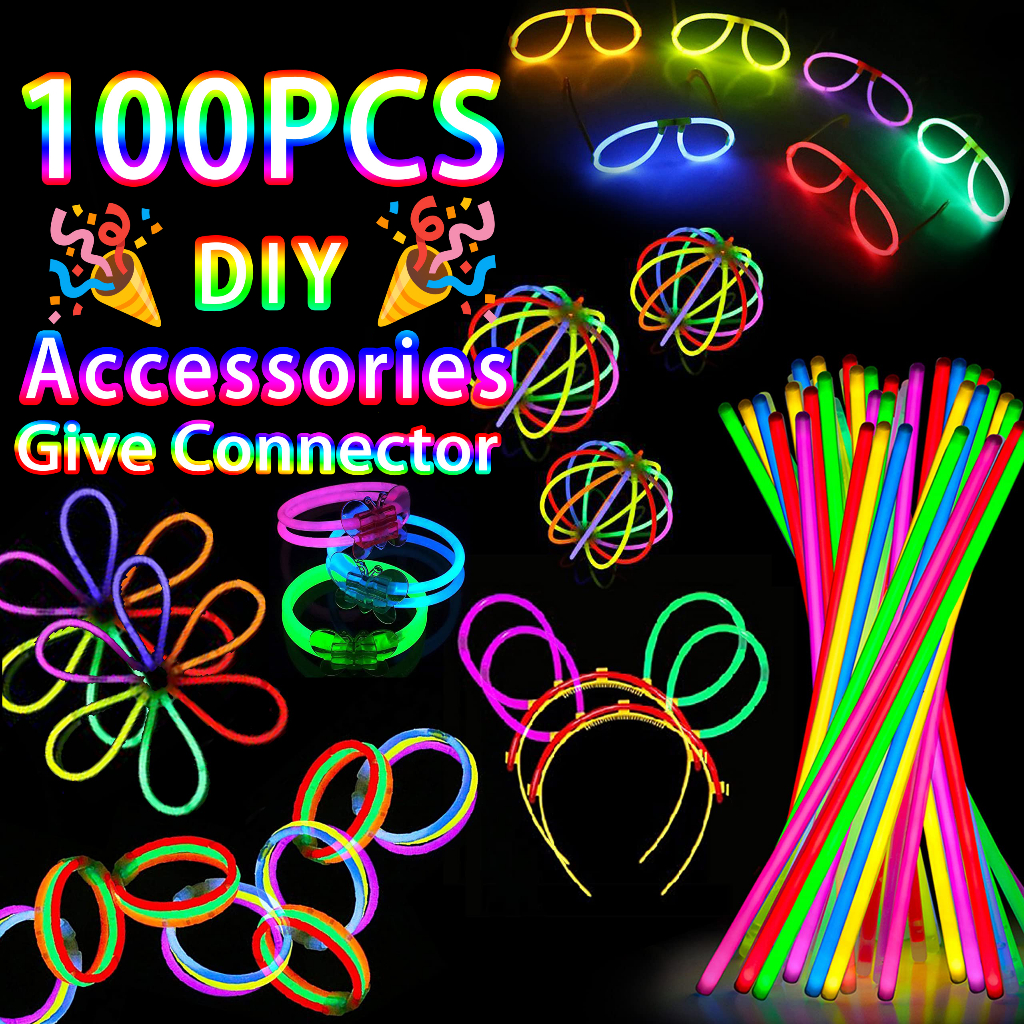 🎉SG Stock🎉Party Glow Light Stick 100PCS DIY Glow Bracelets Necklaces ...