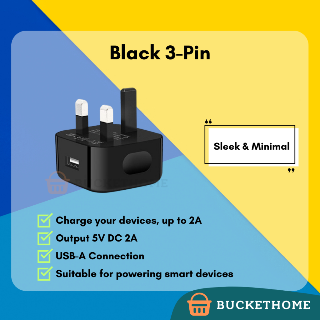 [SG Seller] 3-Pin USB-A Plug UK USB Adapter Wall Charger Smartphone ...
