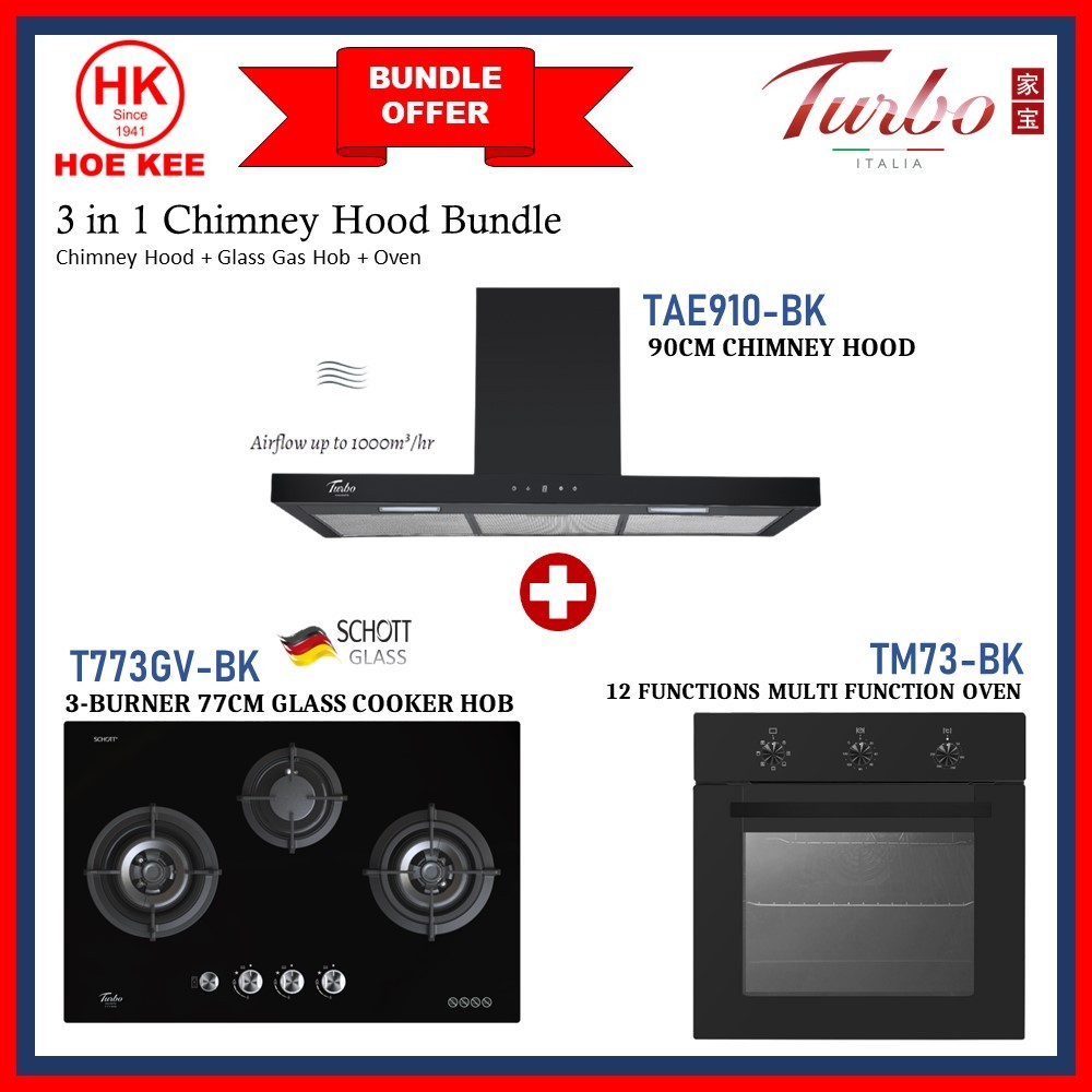 (BUNDLE) TURBO TAE910-BK 90CM CHIMNEY HOOD + TURBO T773GV-BK 3-BURNER GLASS GAS HOB + TURBO TM73 ...