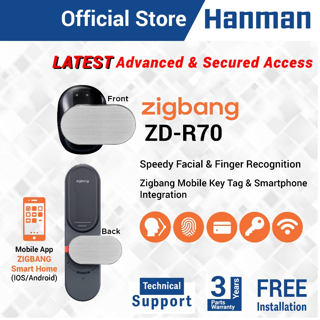 ZIGBANG ZD-R70 WIFI DIGITAL LOCK. FACIAL RECOGNITION / FINGERPRINT ...
