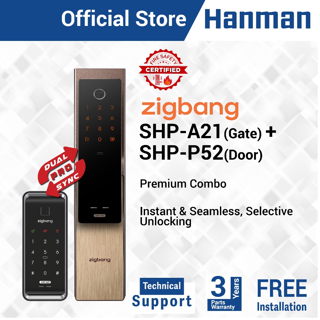 HDB/BTO BUNDLE(2-WAY SYNC)-ZIGBANG SHP-P52(WIFI WOODEN DOOR LOCK)+ZIGBANG SHP-A21(METAL GATE ...