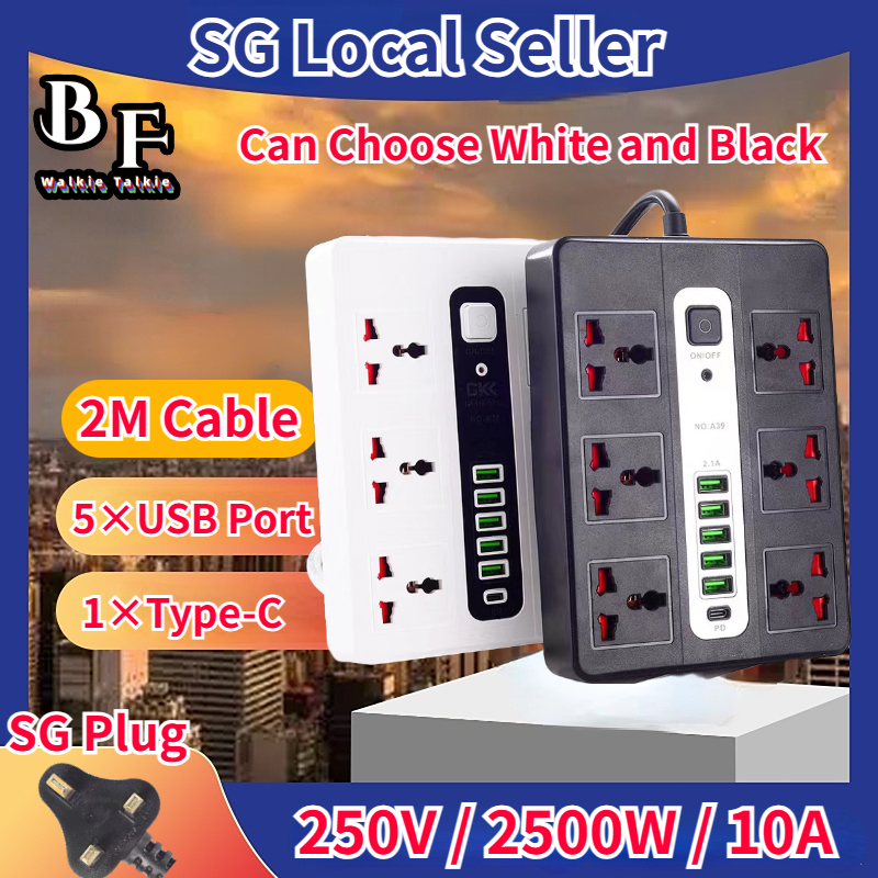 UK Plug 2500W Power Strip Universal Outlet 6 USB Extension Power Socket ...