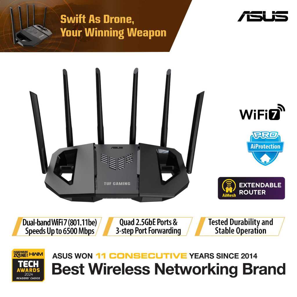 ASUS TUF Gaming BE6500 Dual Band WiFi 7 (802.11be) Extendable Gaming ...