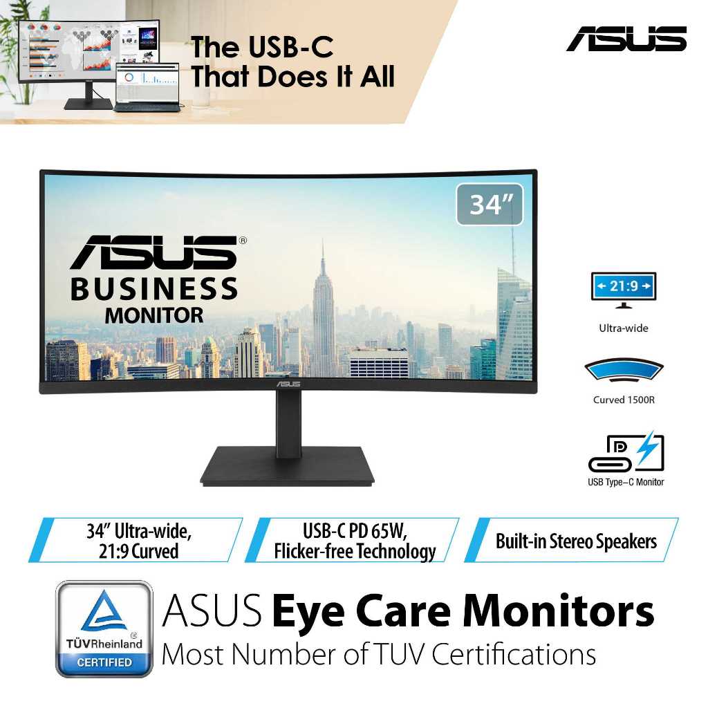ASUS VA34VCPSN Ultra-wide Curved Docking Business Monitor - 34" UWQHD ...