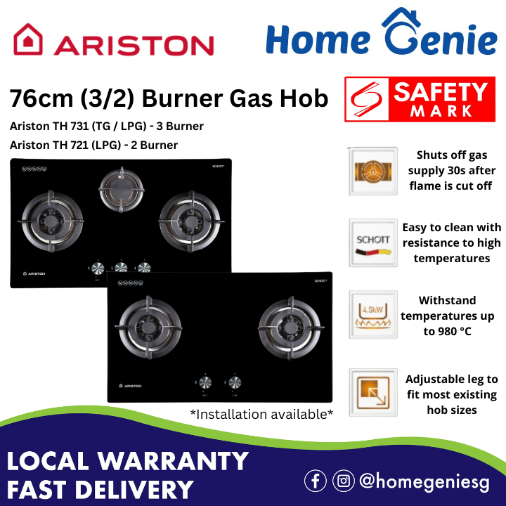 Ariston 76cm 3 Burner (TH 731 TG/LPG) / 2 Burner (TH 731 LPG) Black Schott Glass Auto Shut Off ...