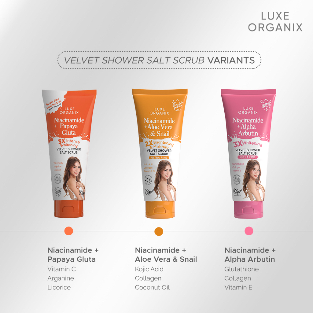 Luxe Organix Velvet Shower Salt Scrub 320g Niacinamide + Alpha Arbutin ...