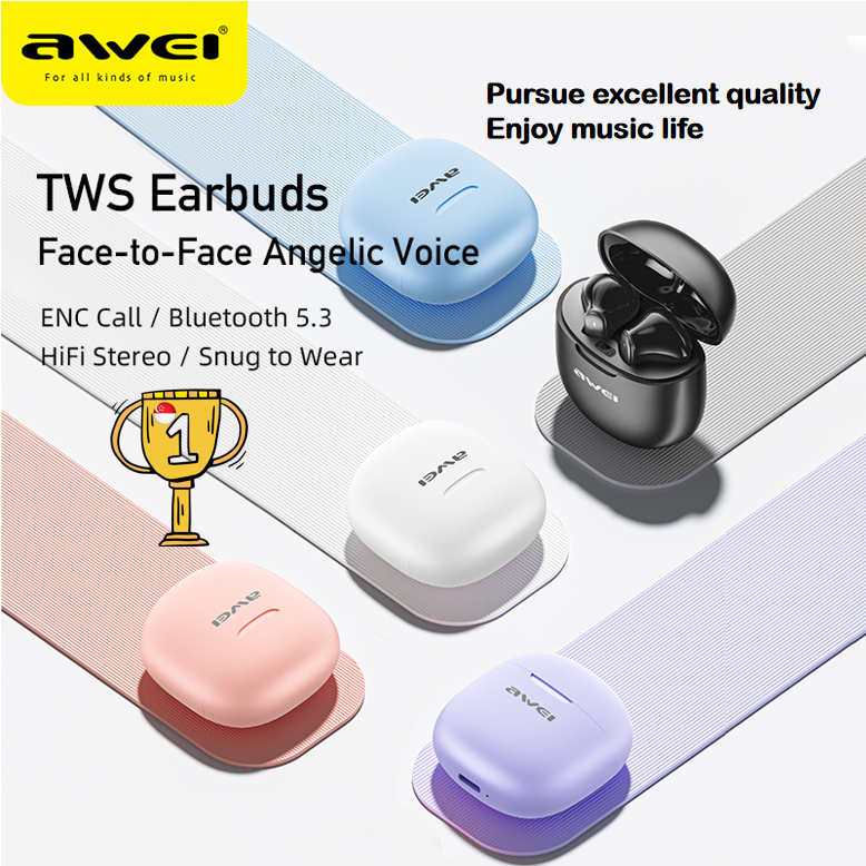 Awei T68 ENC Earbuds Heavy Bass TWS Wireless Sports Earphone Bluetooth ...