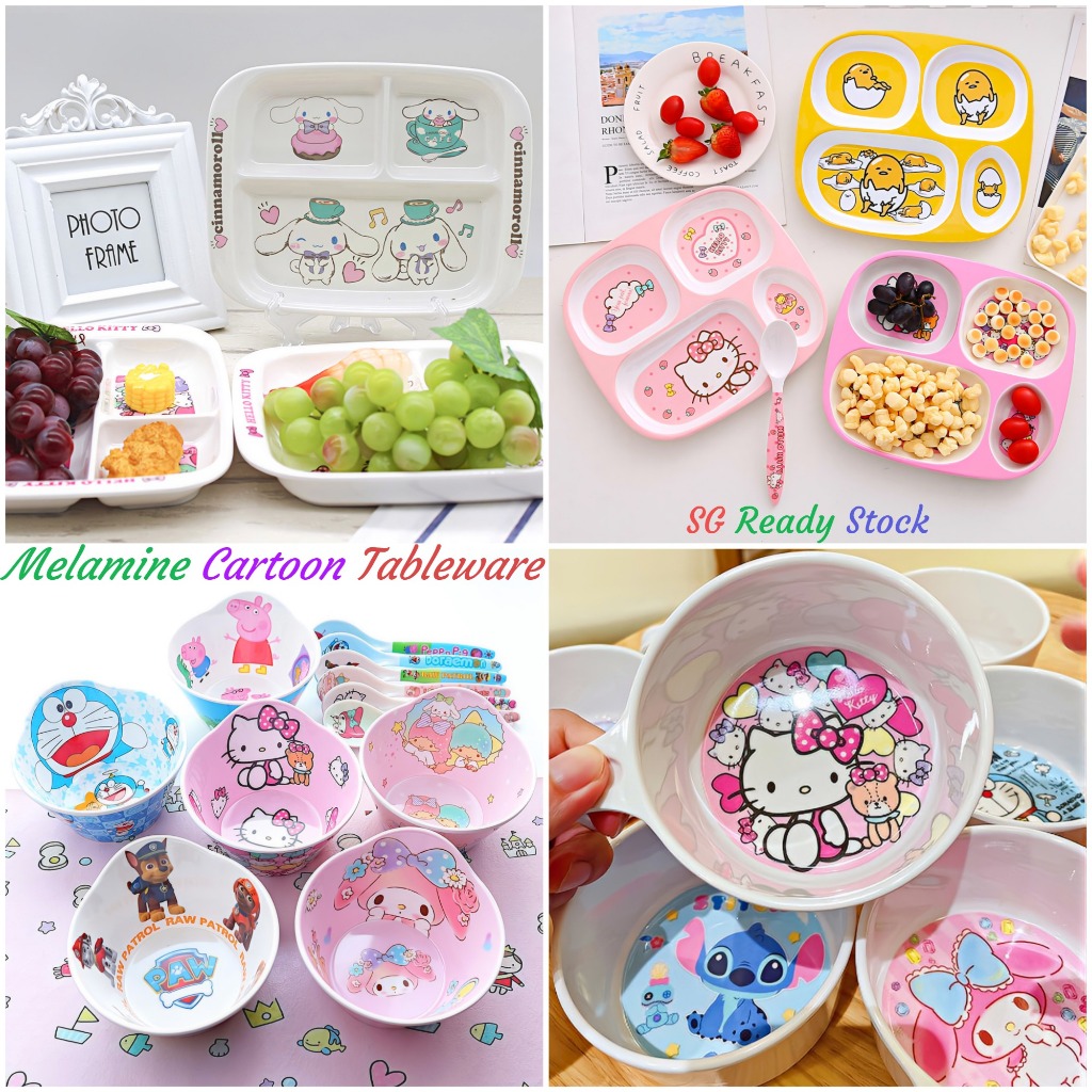 Cartoon Melamine Divider Plates & Bowls Hello Kitty/Cinnamoroll/Pikachu ...