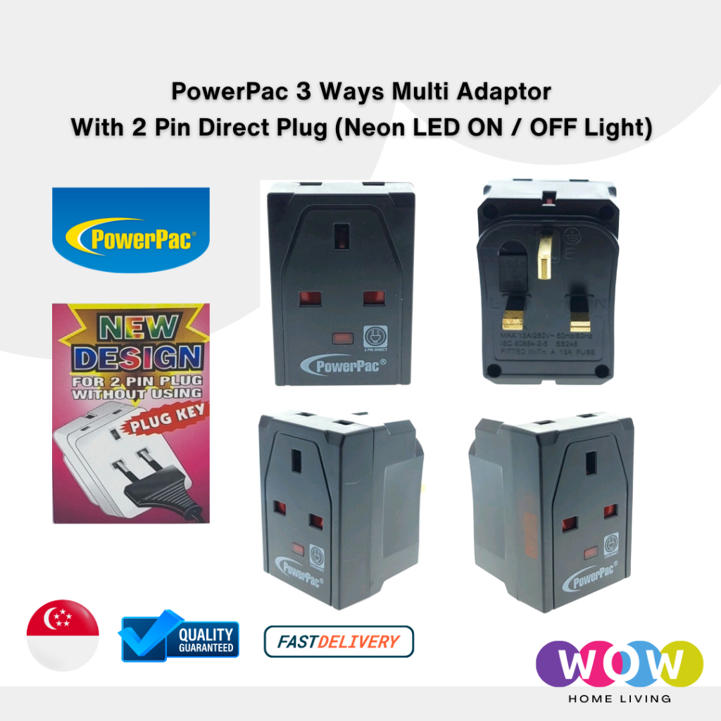 Powerpac 3 Way Multi Adaptor With 2 Pin Direct Plug In Black (Neon Led ...