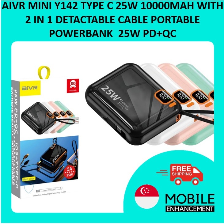 AIVR MINI Y142 TYPE C 25W 10000MAH WITH 2 IN 1 DETACTABLE CABLE PORTABLE POWERBANK 25W PD+QC ...