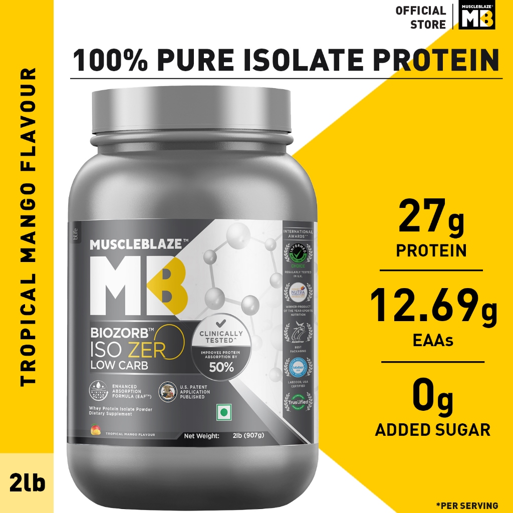 MuscleBlaze Biozorb Iso-Zero, Low Carb (Tropical Mango, 2lbs / 907g ...
