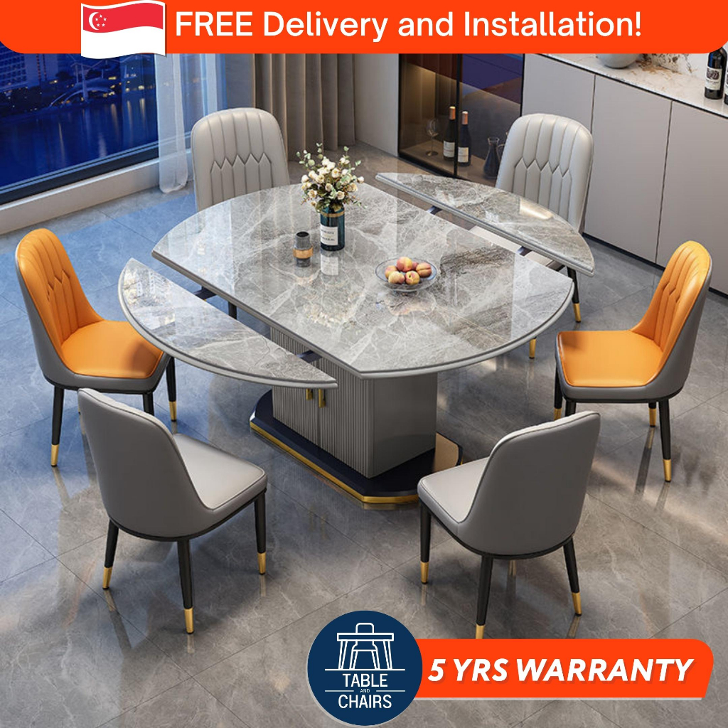 [SG] Extendable Round Dining Table Set | Sintered Marble & Chairs | 1 ...