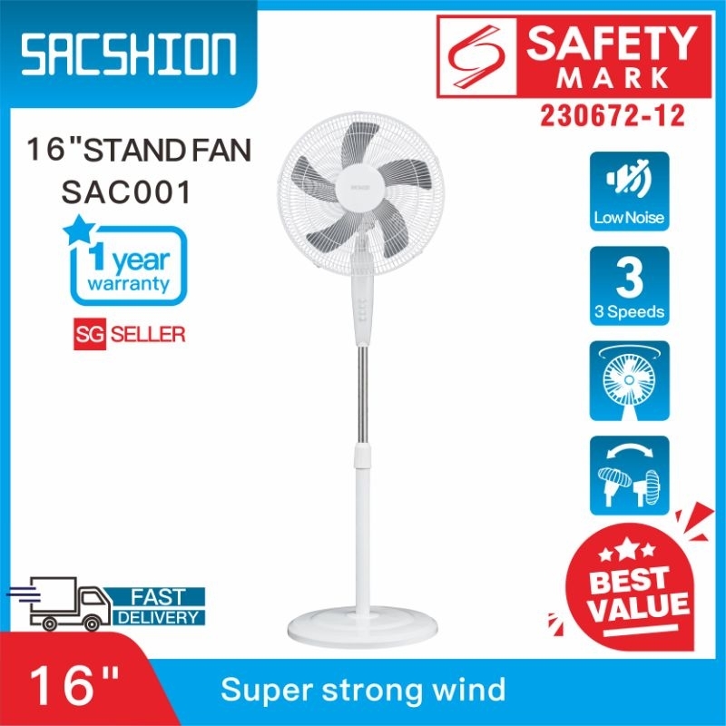 Sacshion 16“ 5 Blades 3 Speeds Stand Fan SAC001 | Shopee Singapore