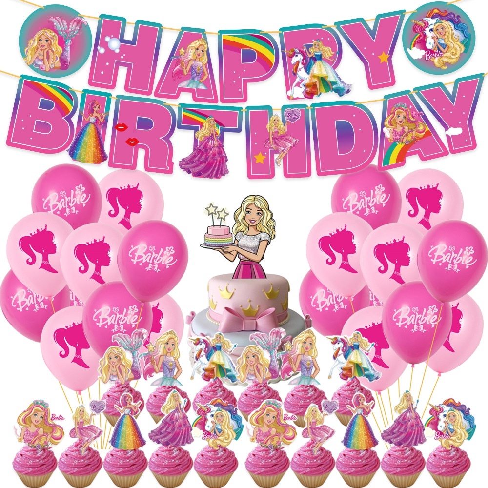 Barbie Girl Birthday Theme Set: HDB Banner, Big Cake Topper, Cupcake ...