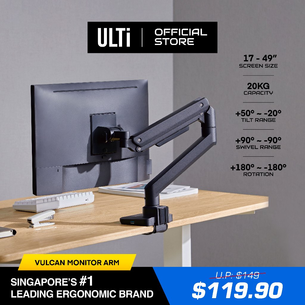 ULTi Vulcan Heavy Duty Desk Monitor Arm, USB-A & USB-C Ports - Polished ...