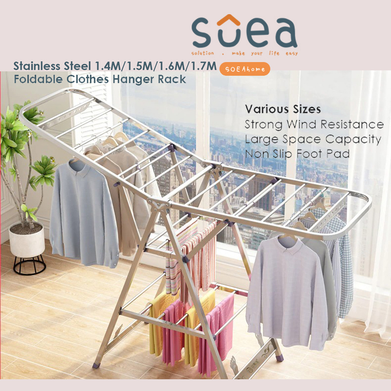 Stainless Steel 1.4M/1.5M/1.6M/1.7 Foldable Clothes Hanger Rack Heavy ...