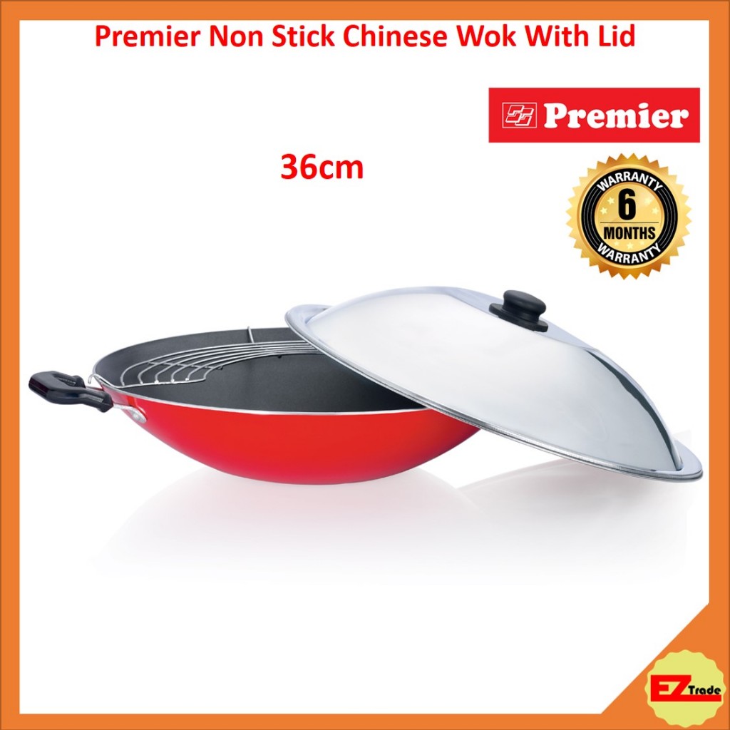 Premier Aluminium Non Stick Chinese Wok Stir Fry Pan with Lid 36cm ...