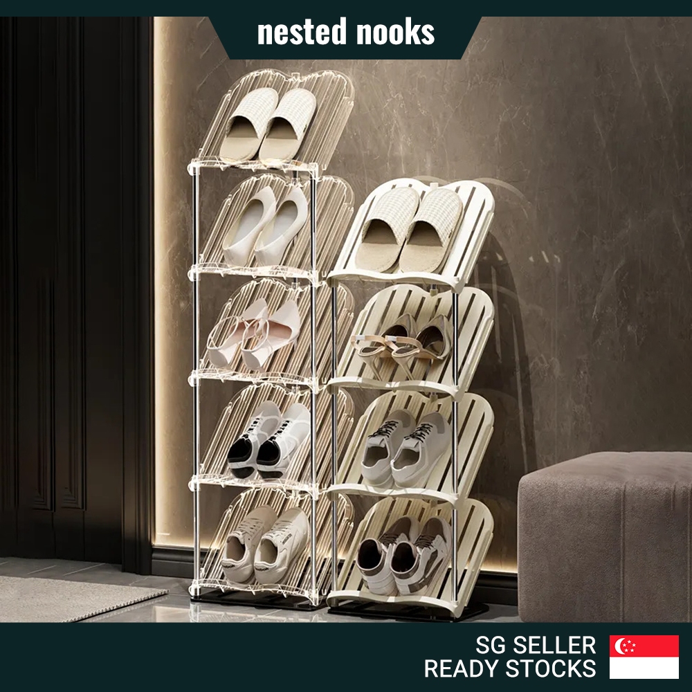 Angled Space-Saving Shoe Rack with Slanted Shelves Slim Compact Shoe ...