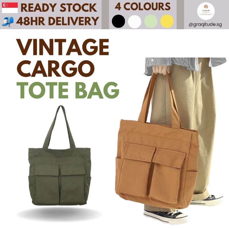 [SINGAPORE] GRAQITUDE.SG Multi pocket canvas cargo tote shoulder bag ...
