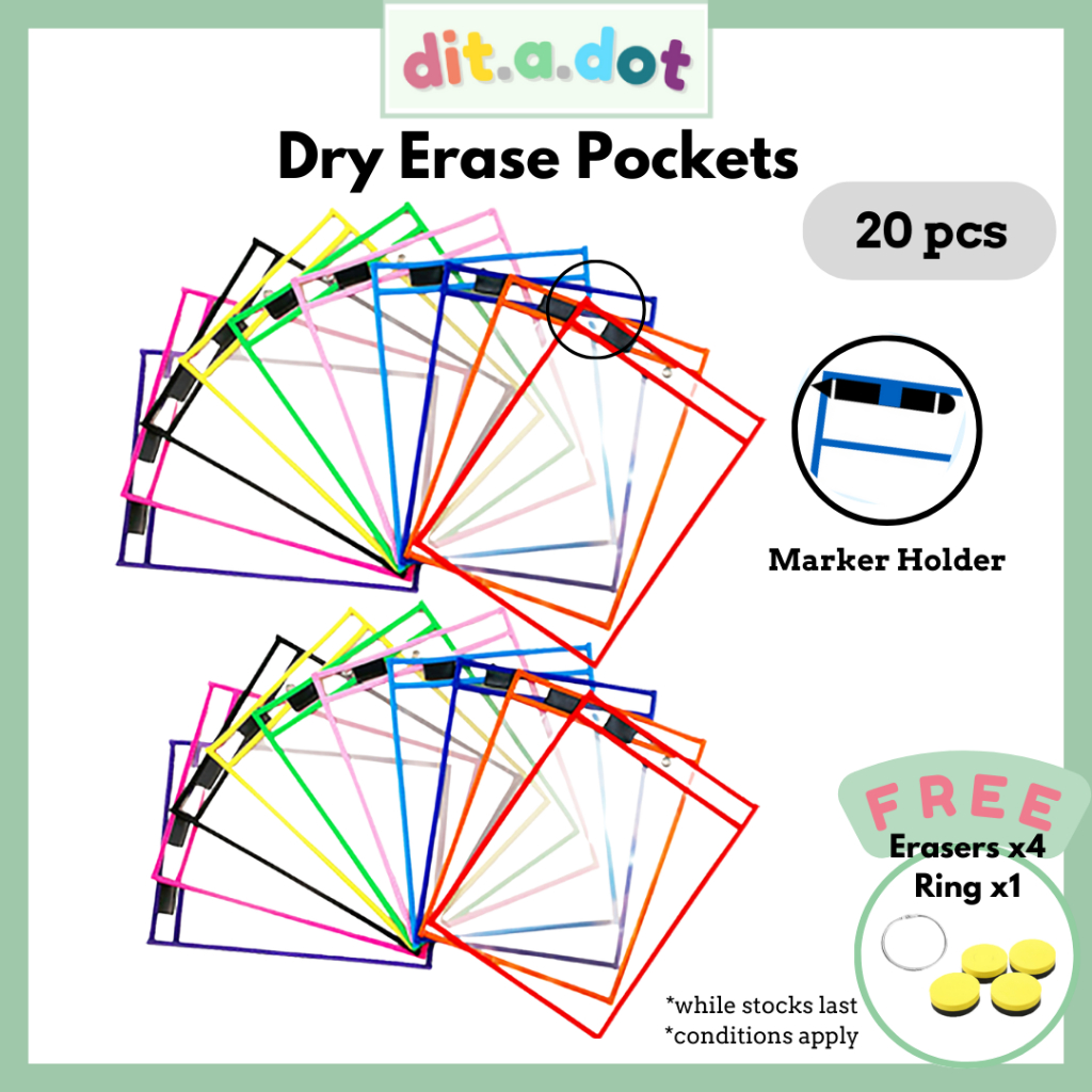 [SG] DitaDot 20pcs Reusable Dry Erase Pockets Write and Wipe Pockets ...