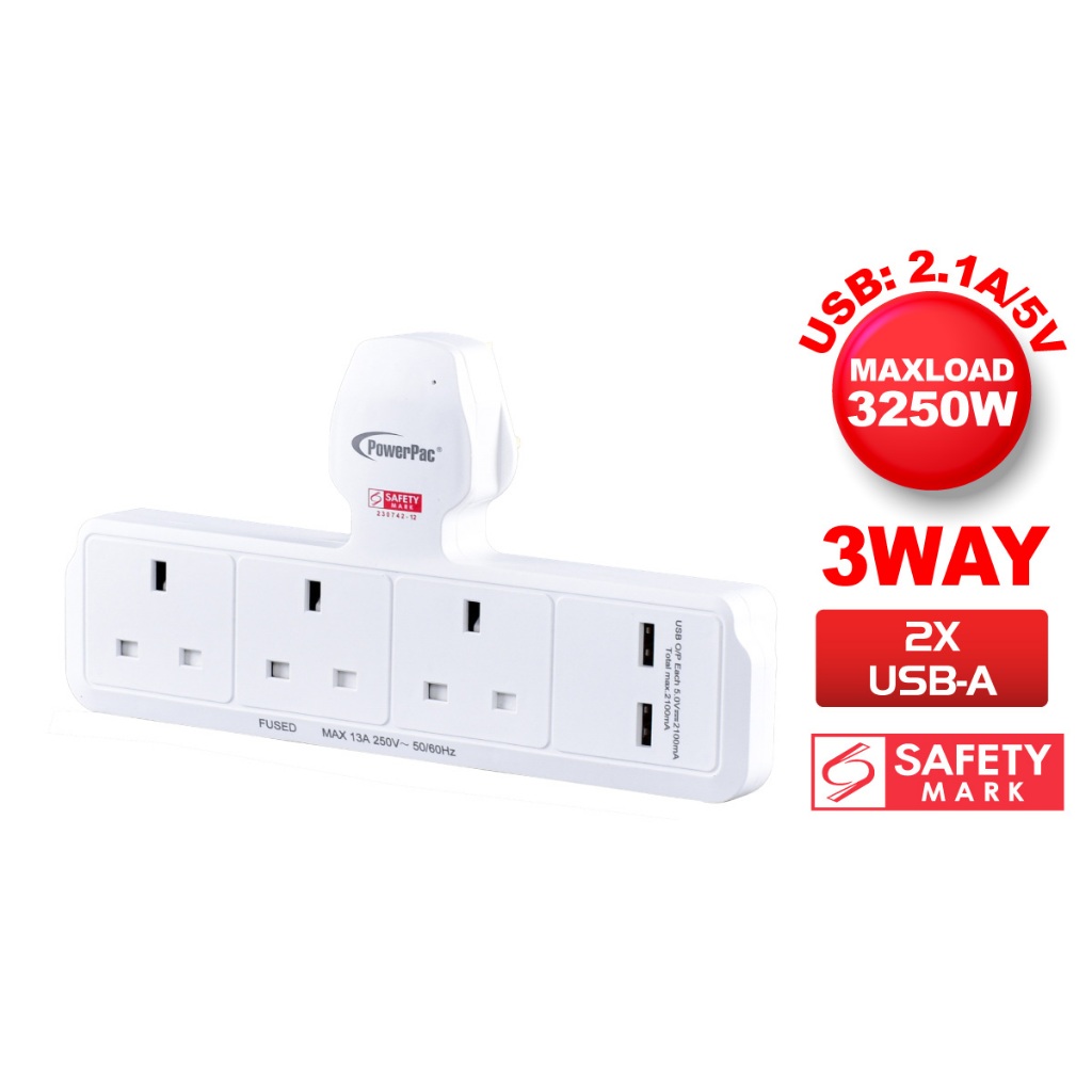 PowerPac Multi Plug Extension Adapter with 3 Way adapter, USB-A, USB-C ...