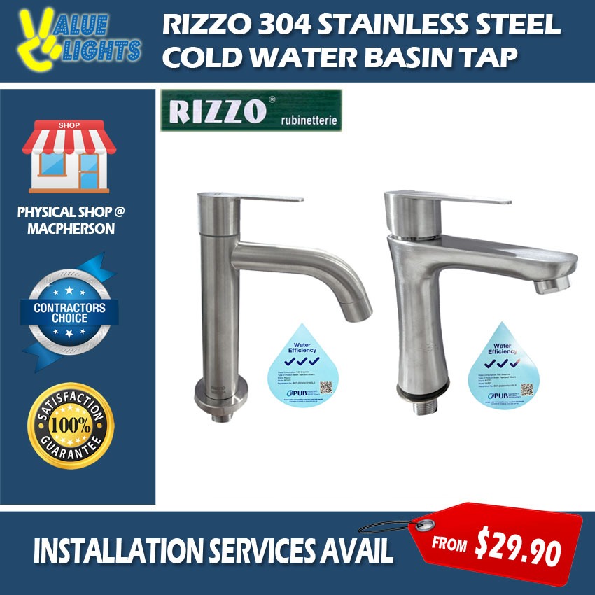 Rizzo SUS304 Stainless Steel Chrome Basin Tap Cold Water PUB Approved 3 ...