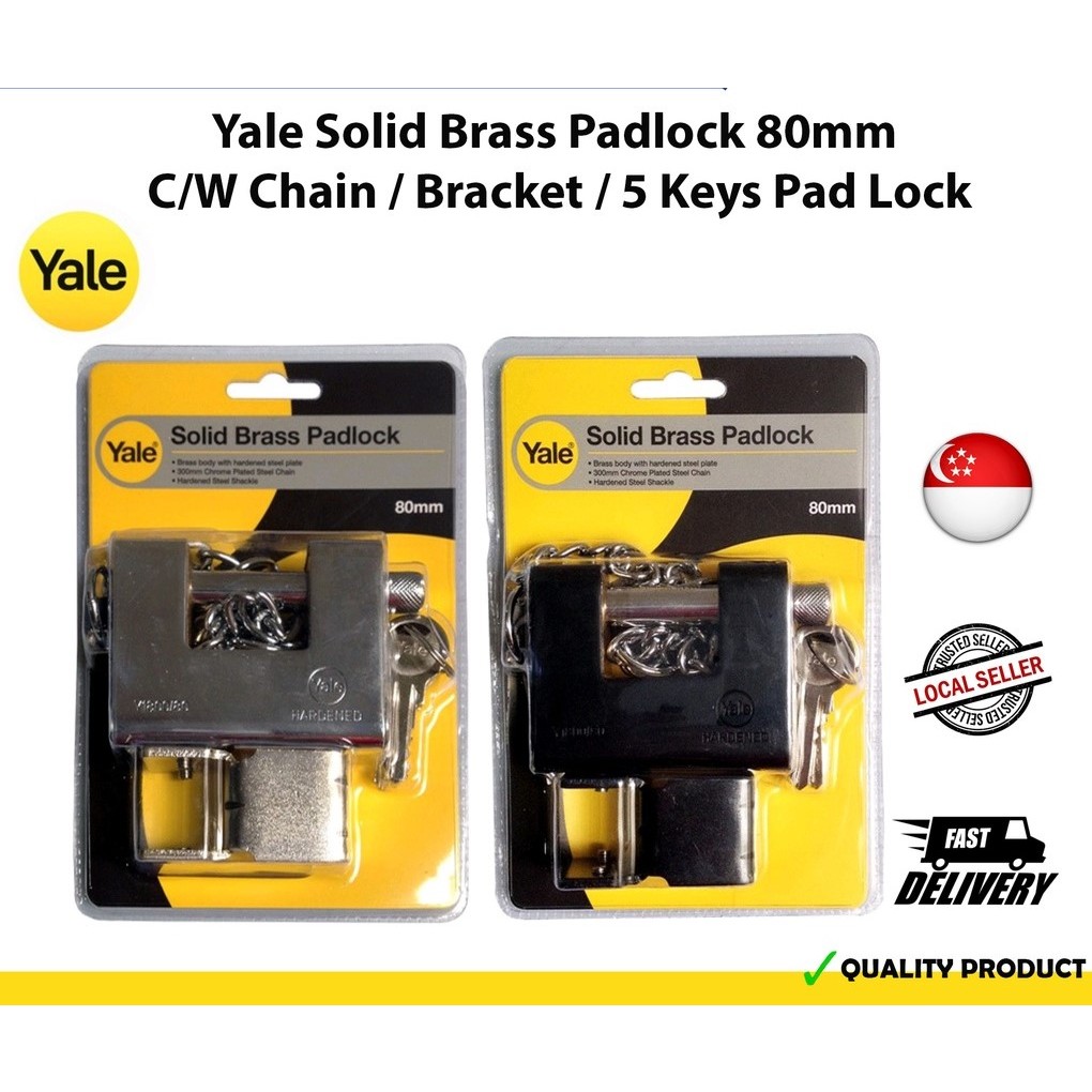 Yale Solid Brass Padlock 80mm C/W ( Chain / Bracket / 5 Keys ) Pad Lock ...