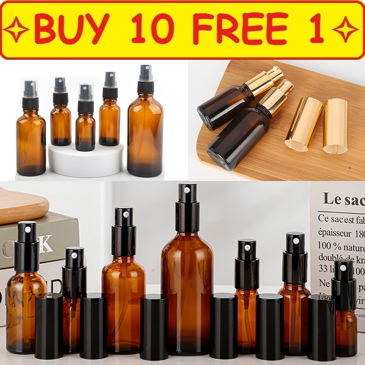 Buy 10 Free 1 5ml 10ml 15ml 30ml 50ml 100ml Refillable Amber Glass Spray Pump Bottles Shopee Singapore