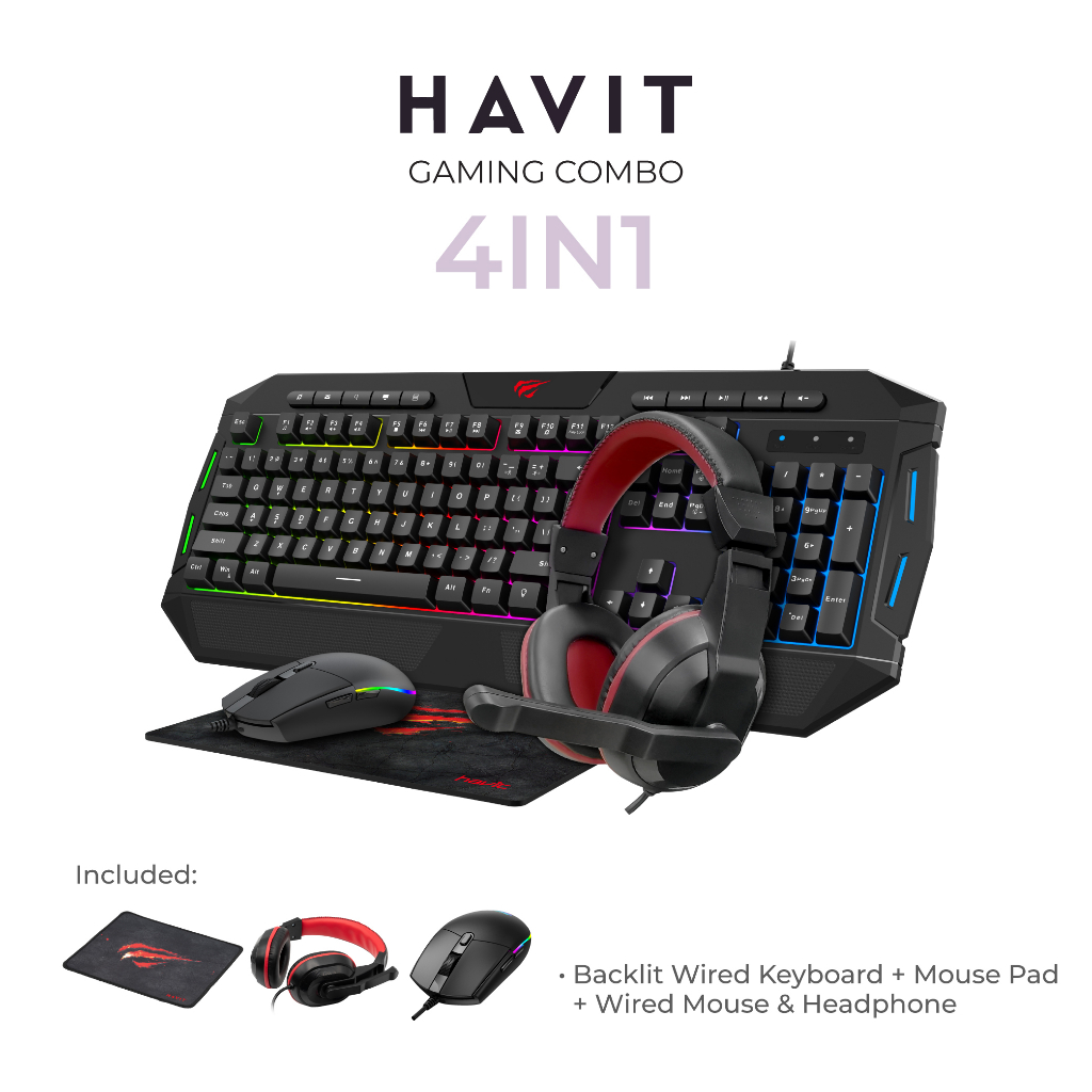 HAVIT KB501CM 4 in 1 Multi-Function Backlit Wired Keyboard, Wired Mouse ...