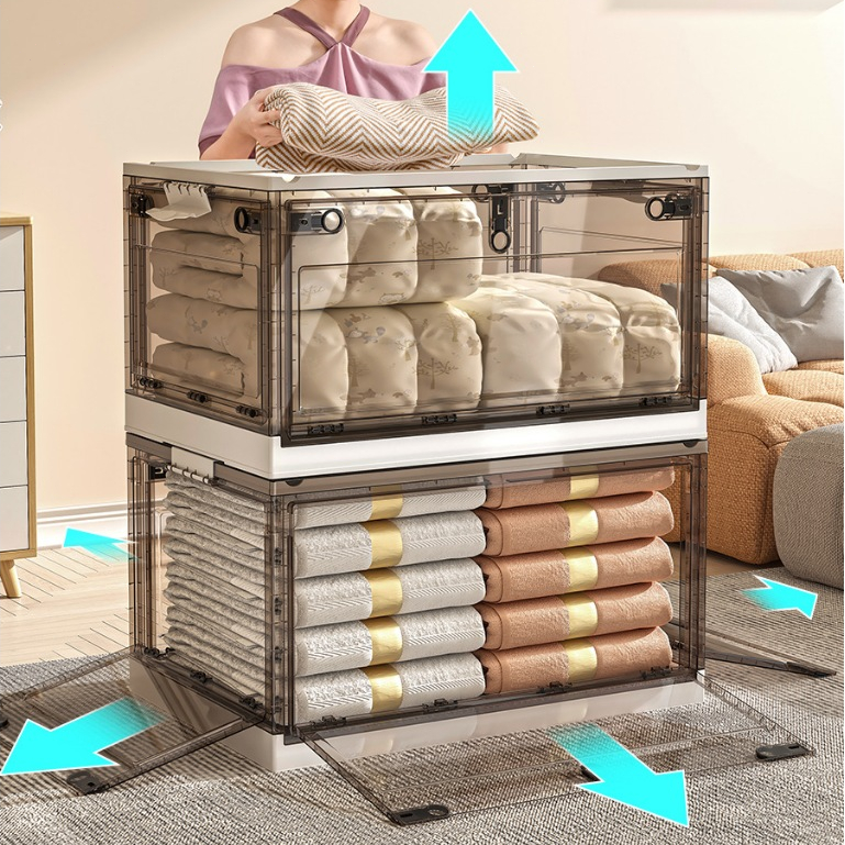 Foldable storage box with wheels and cover, stackable transparent ...