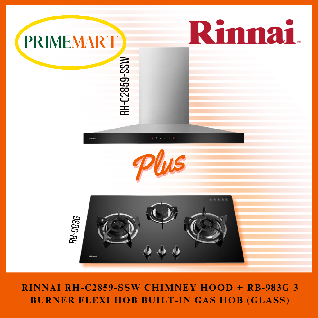 RINNAI RH-C2859-SSW CHIMNEY HOOD + RB-983G 3 BURNER FLEXI HOB BUILT-IN GAS HOB BUNDLE DEAL ...