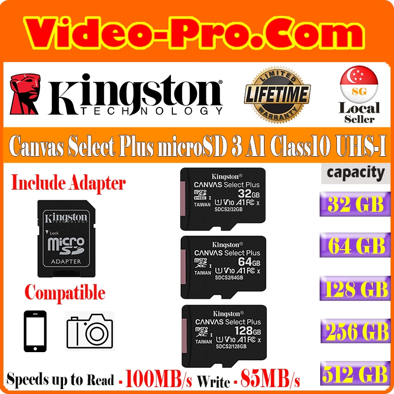Kingston Select Plus microSD 32GB 100MB/s Read A1 Class10 UHS-I Memory Card + Adapter (SDCS2 ...
