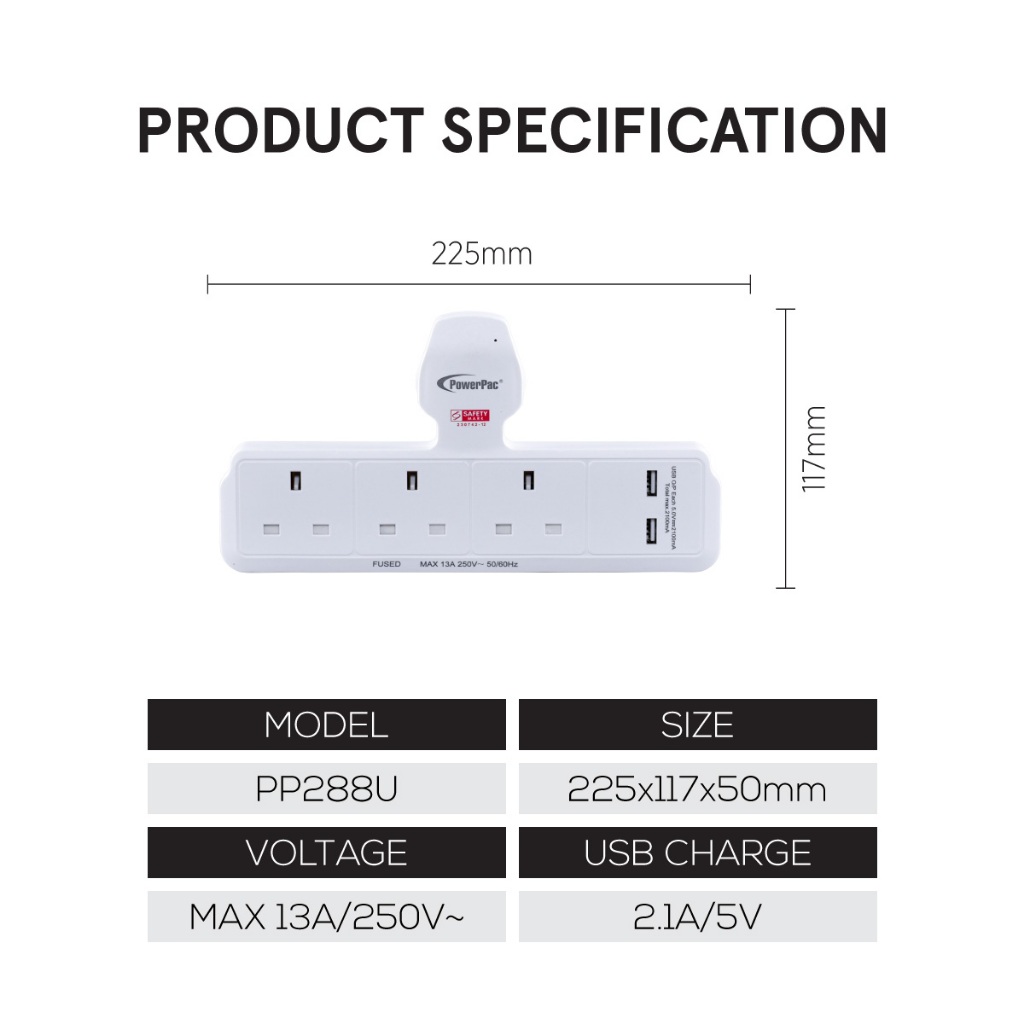 PowerPac Multi Plug Extension Adapter with 3 Way adapter, USB-A, USB-C ...