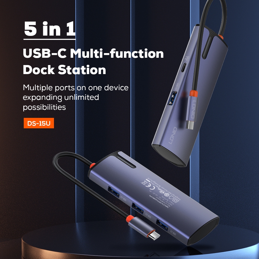LDNIO DS-15U 5-in-1 Expansion Dock Hub USB-C PD 65W HDMI 4K USB 3.0 ...