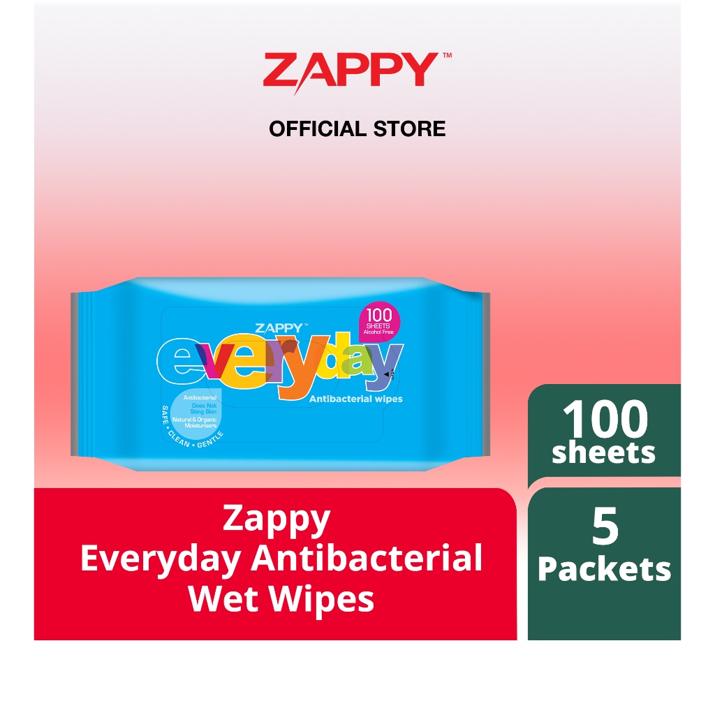 Zappy Everyday Wipes 100 Sheets Resealable (5 Packets or Carton Deal 15 ...