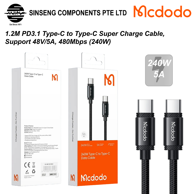 Mcdodo 1.2M PD3.1 Type-C to Type-C Super Charge Cable, Support 48V/5A, 480Mbps (240W) [Order ...