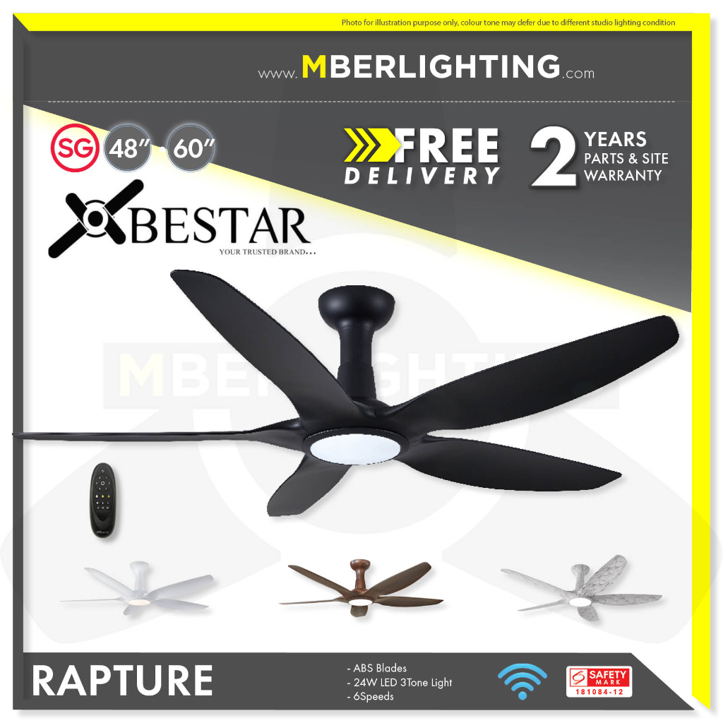 BESTAR Rapture 48/60"Wifi Ceiling Fan with LED Light-22W Tricolour (Fan ...