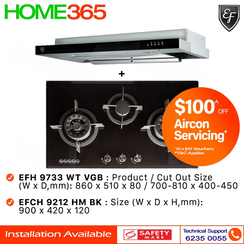 EF Semi Integrated Hood 90cm EFCH 9212 HM BK & Built-In Hob 3 Burners ...