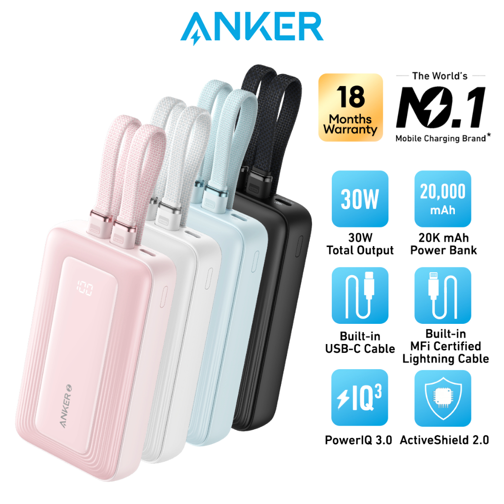Anker Zolo Power Bank 20000mAh 30W Fast Charging Built-in USB C and L Cable Portable Charger ...