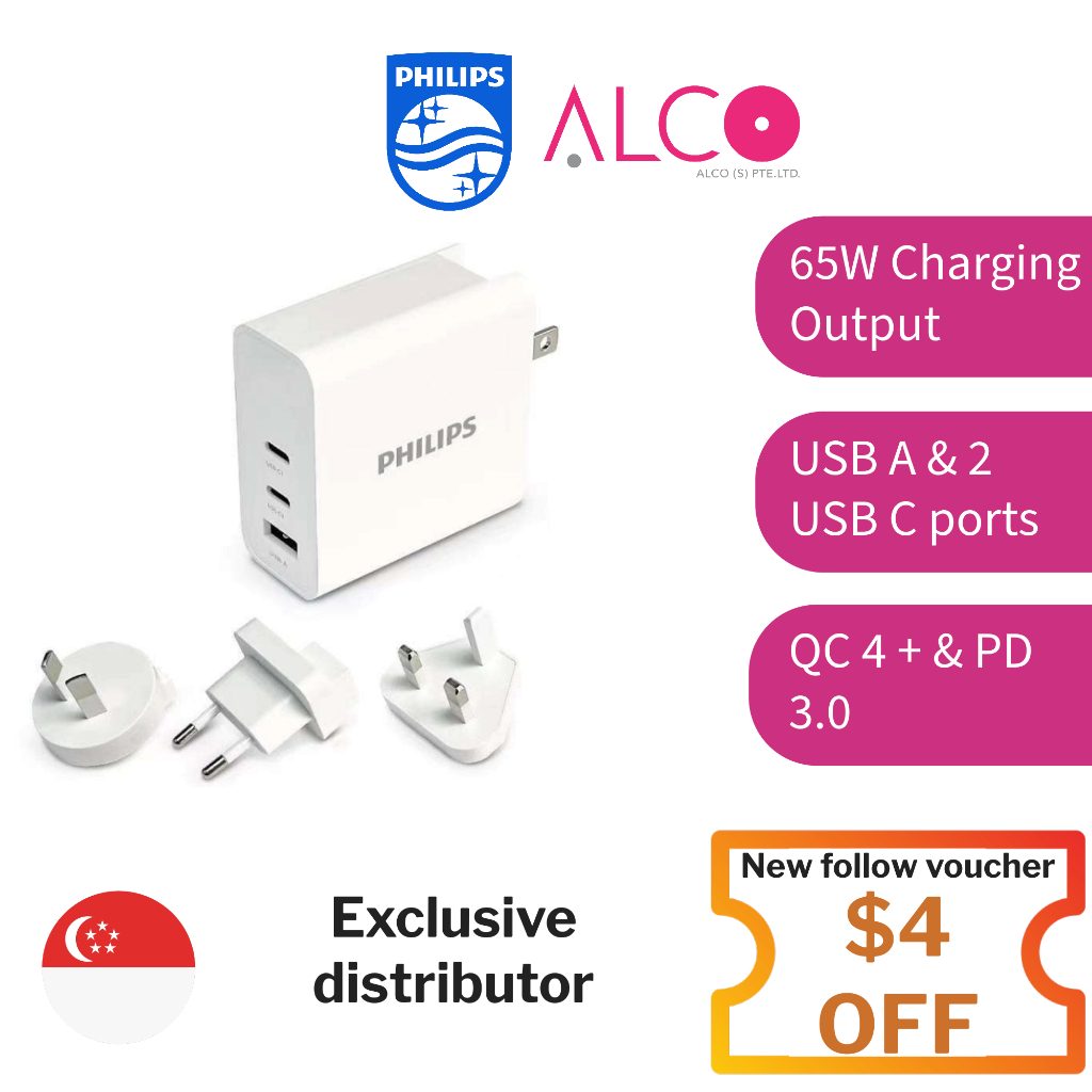 Philips DLP2682CW 65W GaN charger with QC4+ and PD3.0 | 2 USB-C and 1 ...