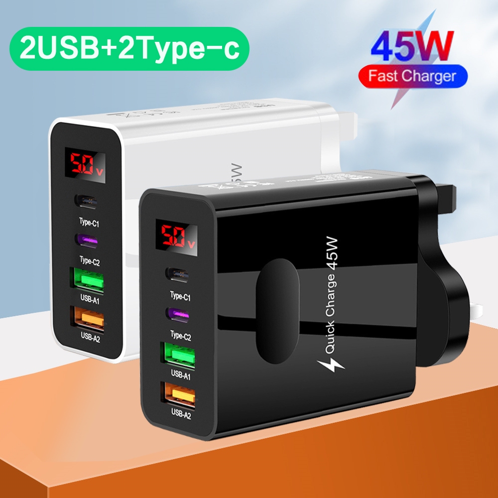 45W Fast Charger 2 USB 4 Ports Multi Plug Wall Charger 2 Type-C Fast ...