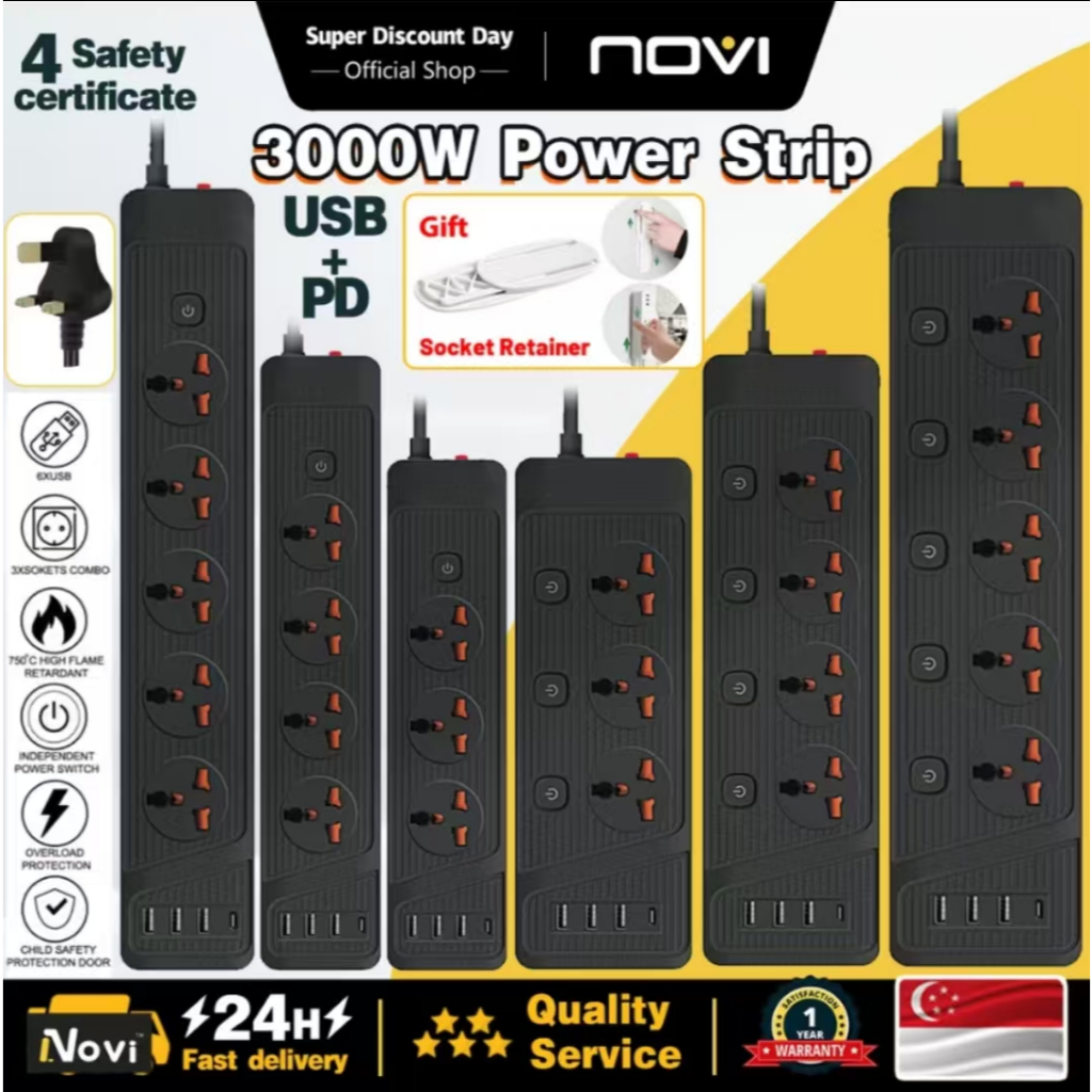 SG Instock UK Plug 3000W Multi Plug Power Strip 2 Type C PD Ports4 USB ...