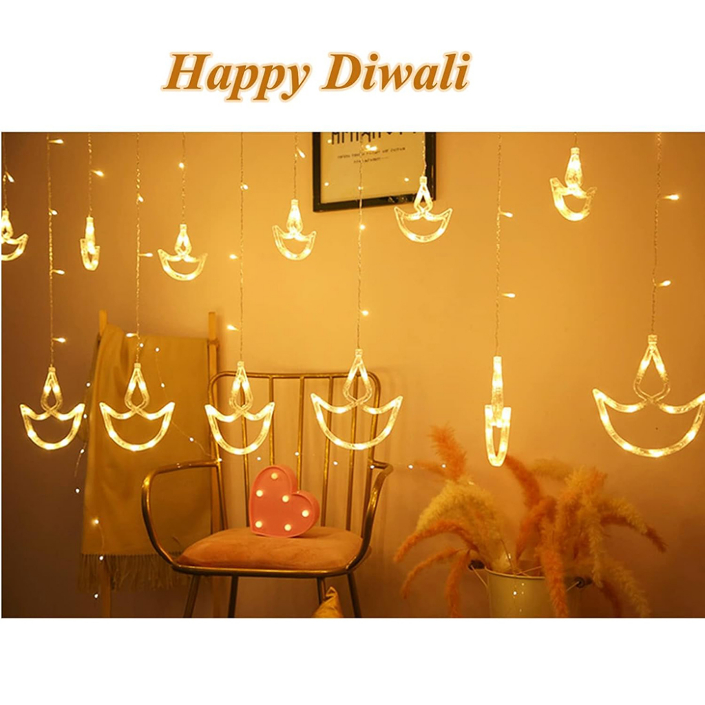 Diwali Curtain Strings Lights LED Diya Light for Deepavali Decoration for Wall Window Party ...