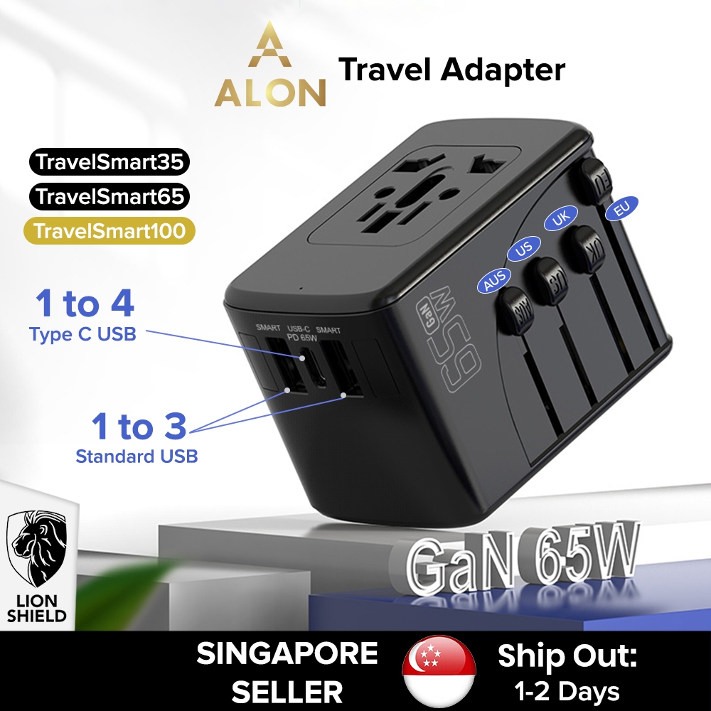(SG) ALON TravelSmart 35w/65w/100w Travel Adapter with Type C USB C Port and USB A Ports (Black ...